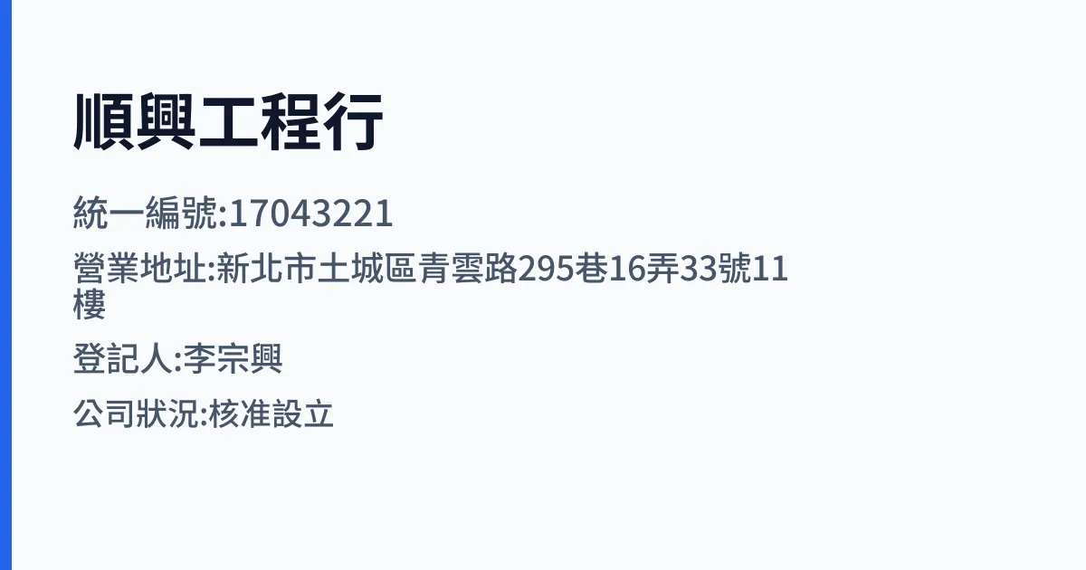 順興工程行 - 統編 17043221(新北市) 公司登記資料與營業項目詳細圖表