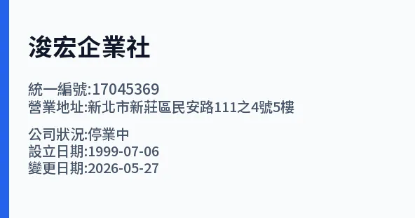 浚宏企業社的照片-統編 17045369(新北市) 公司登記資料與營業項目詳細圖表