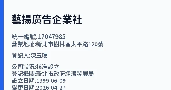 藝揚廣告企業社的照片-統編 17047985(新北市) 公司登記資料與營業項目詳細圖表