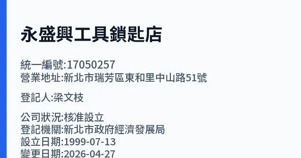 永盛興工具鎖匙店的照片-統編 17050257(新北市) 公司登記資料與營業項目詳細圖表