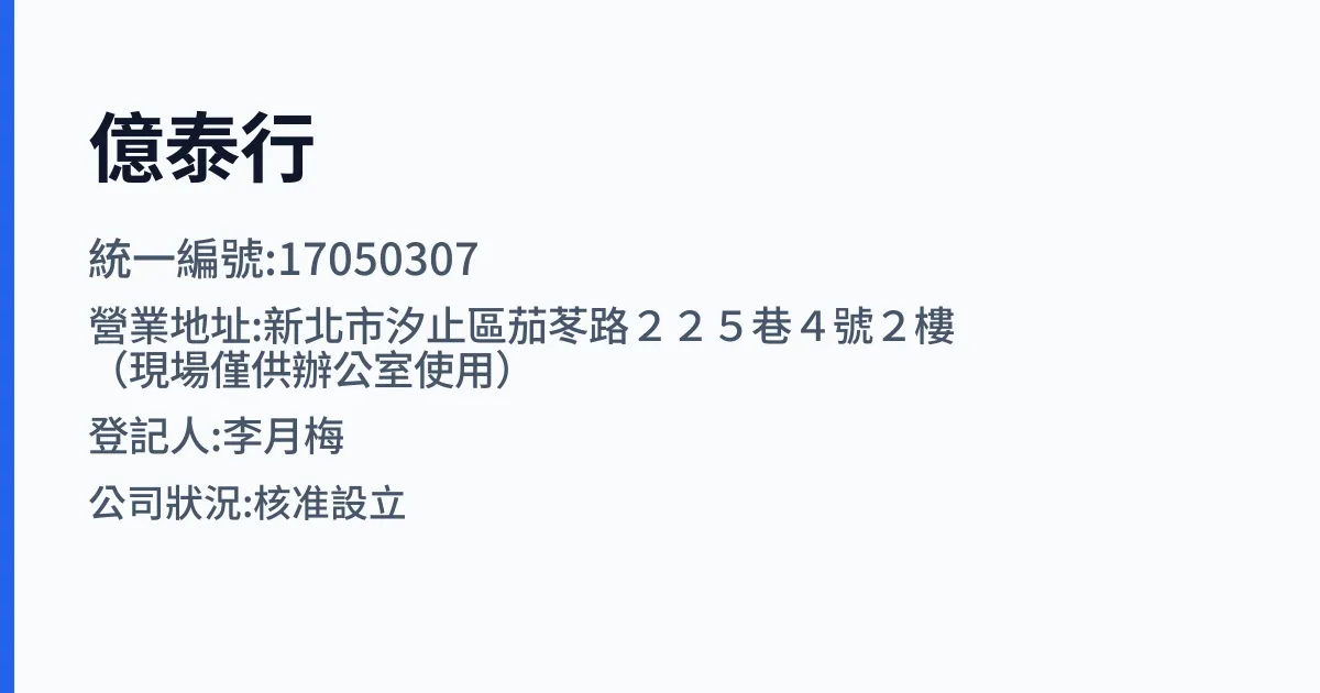 億泰行 - 統編 17050307(新北市) 公司登記資料與營業項目詳細圖表