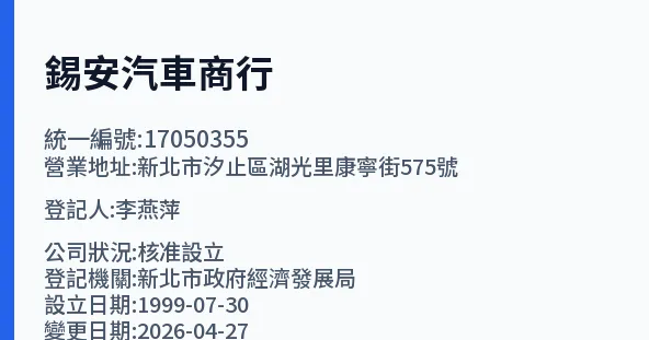 錫安汽車商行的照片-統編 17050355(新北市) 公司登記資料與營業項目詳細圖表