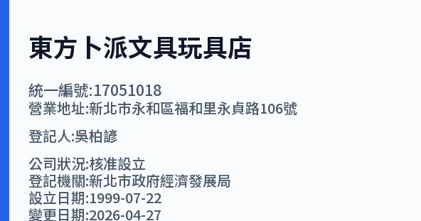 東方卜派文具玩具店的照片-統編 17051018(新北市) 公司登記資料與營業項目詳細圖表