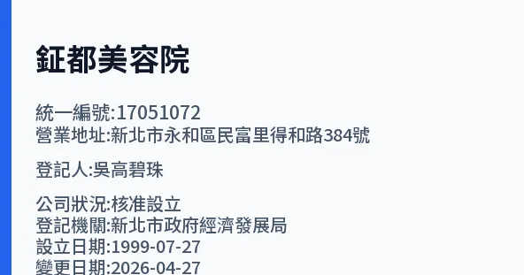 鉦都美容院的照片-統編 17051072(新北市) 公司登記資料與營業項目詳細圖表