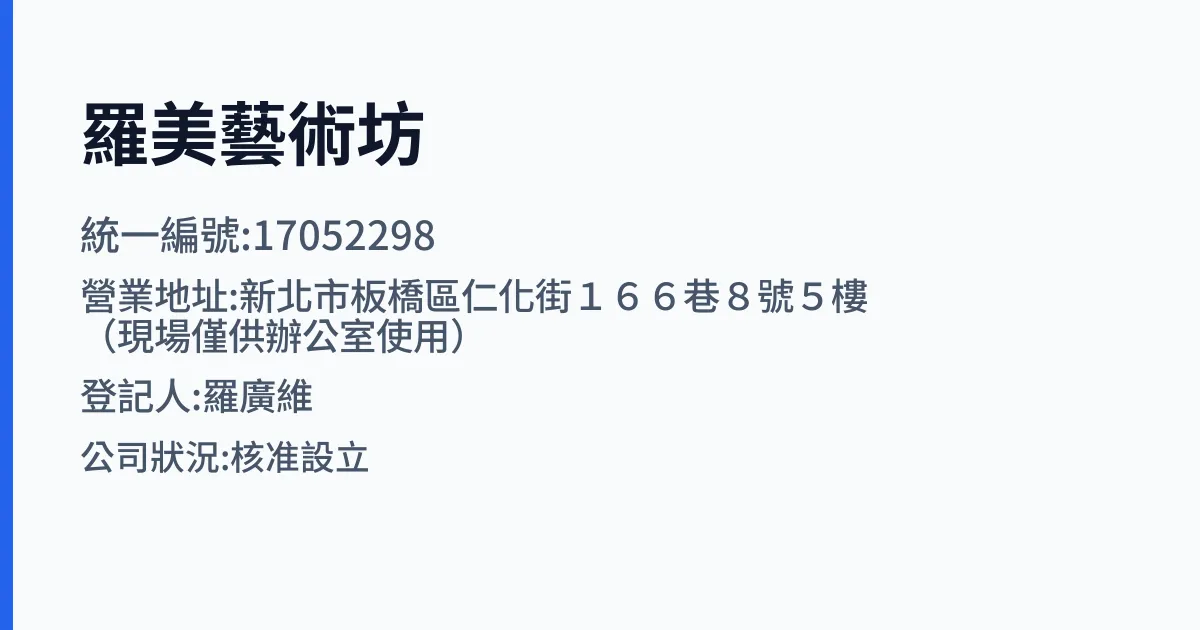 羅美藝術坊 - 統編 17052298(新北市) 公司登記資料與營業項目詳細圖表