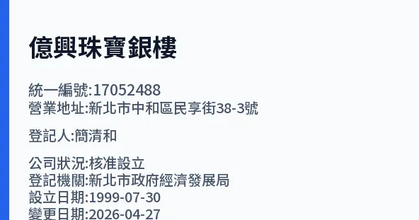 億興珠寶銀樓的照片-統編 17052488(新北市) 公司登記資料與營業項目詳細圖表