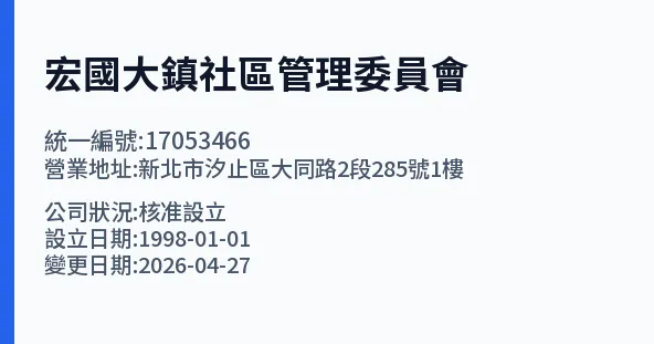 宏國大鎮社區管理委員會的照片-統編 17053466(新北市) 公司登記資料與營業項目詳細圖表