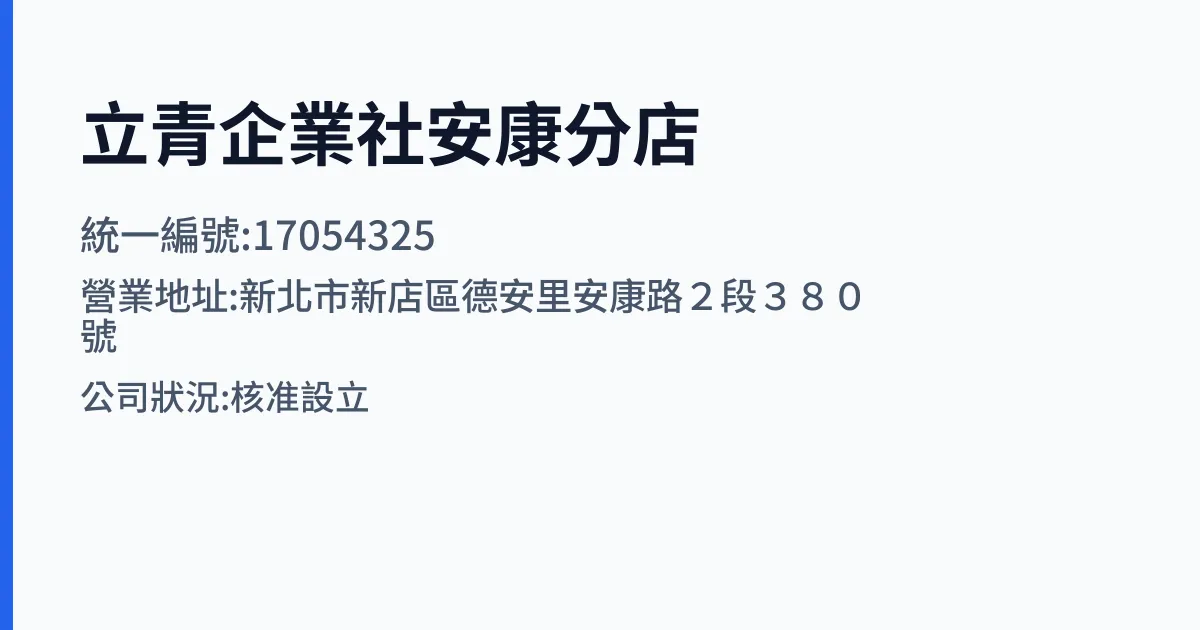 立青企業社安康分店 - 統編 17054325(新北市) 公司登記資料與營業項目詳細圖表