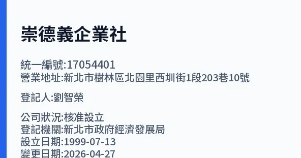 崇德義企業社的照片-統編 17054401(新北市) 公司登記資料與營業項目詳細圖表