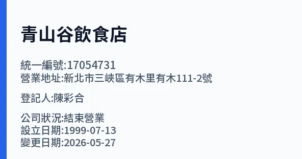 青山谷飲食店的照片-統編 17054731(新北市) 公司登記資料與營業項目詳細圖表