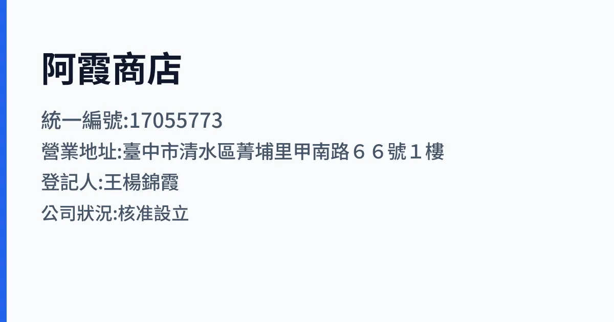 阿霞商店 - 統編 17055773(臺中市) 公司登記資料與營業項目詳細圖表
