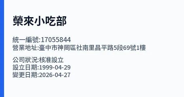 榮來小吃部的照片-統編 17055844(臺中市) 公司登記資料與營業項目詳細圖表