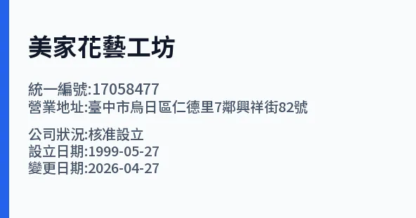 美家花藝工坊的照片-統編 17058477(臺中市) 公司登記資料與營業項目詳細圖表