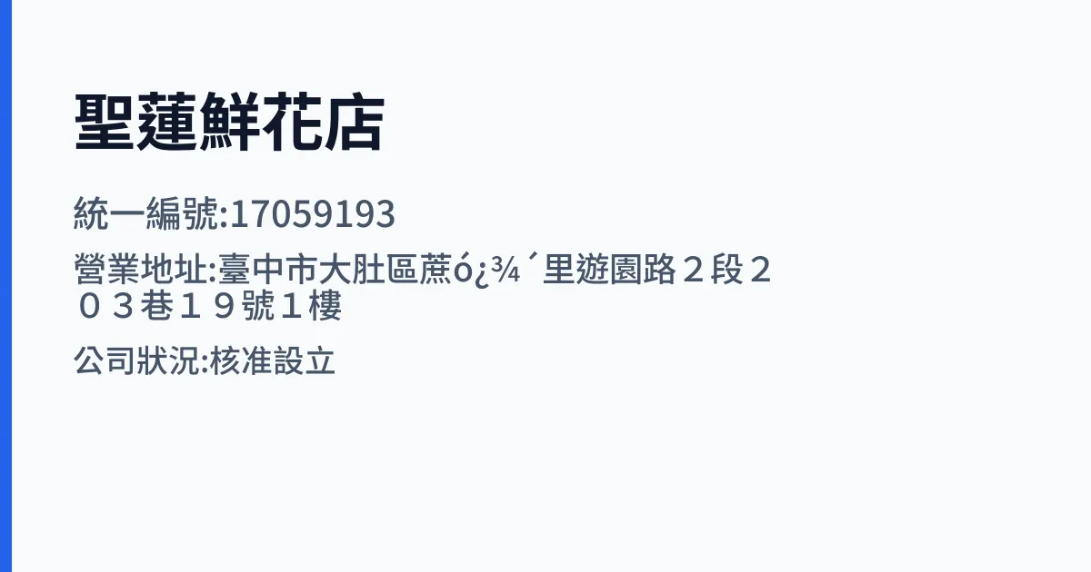 聖蓮鮮花店 - 統編 17059193(臺中市) 公司登記資料與營業項目詳細圖表