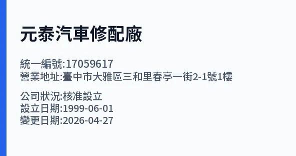 元泰汽車修配廠的照片-統編 17059617(臺中市) 公司登記資料與營業項目詳細圖表