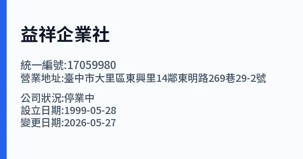 益祥企業社的照片-統編 17059980(臺中市) 公司登記資料與營業項目詳細圖表