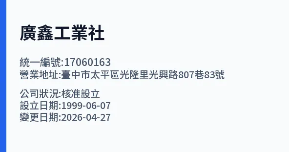 廣鑫工業社的照片-統編 17060163(臺中市) 公司登記資料與營業項目詳細圖表