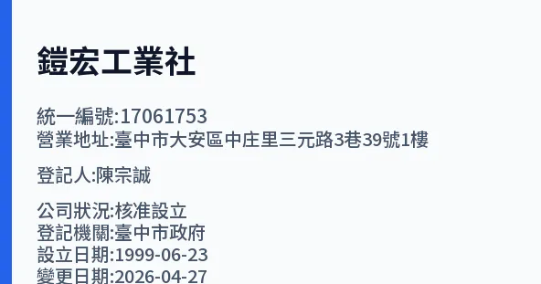 鎧宏工業社的照片-統編 17061753(臺中市) 公司登記資料與營業項目詳細圖表