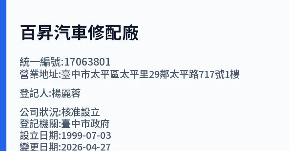 百昇汽車修配廠的照片-統編 17063801(臺中市) 公司登記資料與營業項目詳細圖表