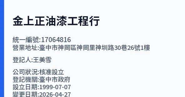 金上正油漆工程行的照片-統編 17064816(臺中市) 公司登記資料與營業項目詳細圖表