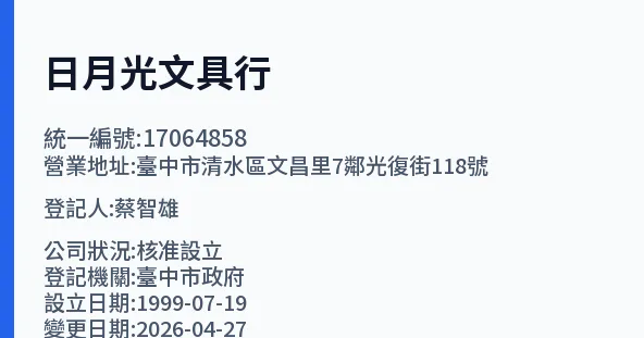 日月光文具行的照片-統編 17064858(臺中市) 公司登記資料與營業項目詳細圖表