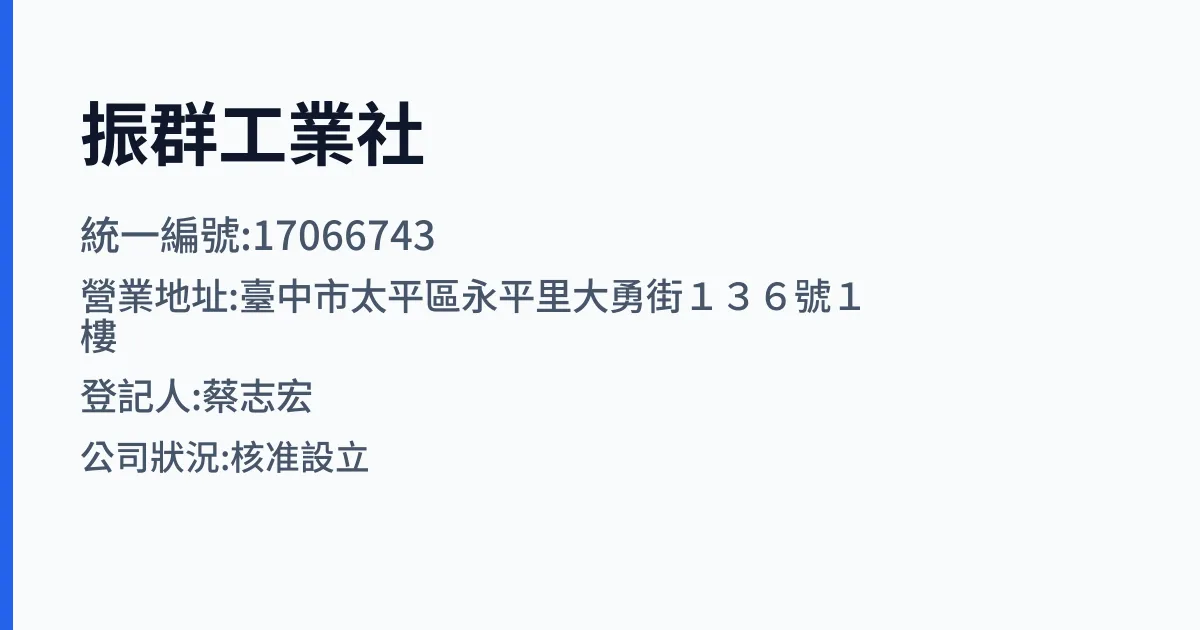 振群工業社 - 統編 17066743(臺中市) 公司登記資料與營業項目詳細圖表