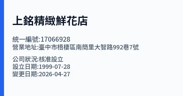 上銘精緻鮮花店的照片-統編 17066928(臺中市) 公司登記資料與營業項目詳細圖表