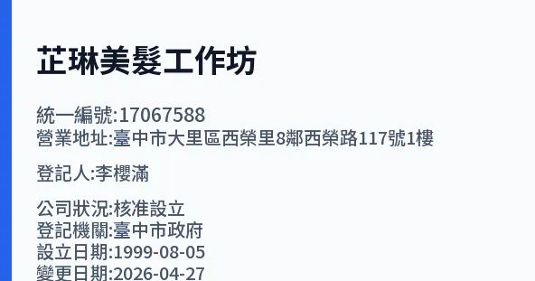 芷琳美髮工作坊的照片-統編 17067588(臺中市) 公司登記資料與營業項目詳細圖表