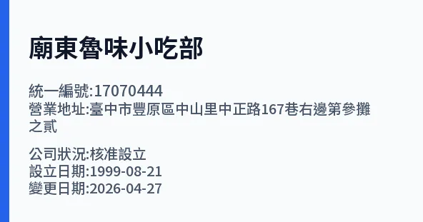 廟東魯味小吃部的照片-統編 17070444(臺中市) 公司登記資料與營業項目詳細圖表