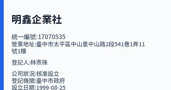 明鑫企業社的照片-統編 17070535(臺中市) 公司登記資料與營業項目詳細圖表
