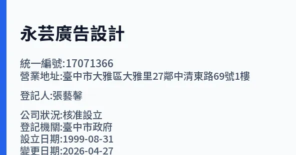 永芸廣告設計的照片-統編 17071366(臺中市) 公司登記資料與營業項目詳細圖表