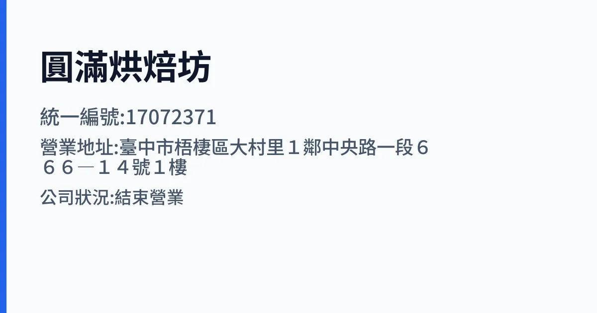 圓滿烘焙坊 - 統編 17072371(臺中市) 公司登記資料與營業項目詳細圖表