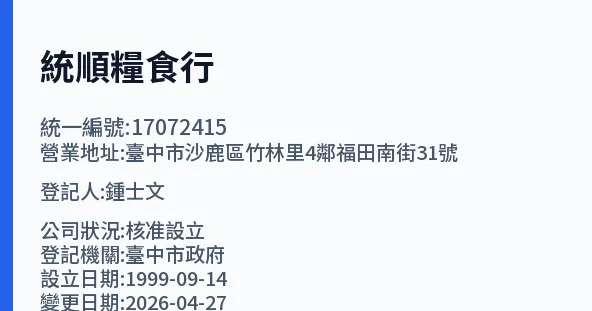 統順糧食行的照片-統編 17072415(臺中市) 公司登記資料與營業項目詳細圖表