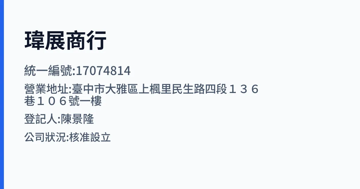 瑋展商行 - 統編 17074814(臺中市) 公司登記資料與營業項目詳細圖表