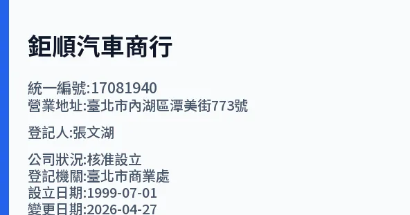 鉅順汽車商行的照片-統編 17081940(臺北市) 公司登記資料與營業項目詳細圖表