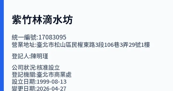 紫竹林滴水坊的照片-統編 17083095(臺北市) 公司登記資料與營業項目詳細圖表