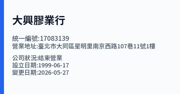 大興膠業行的照片-統編 17083139(臺北市) 公司登記資料與營業項目詳細圖表