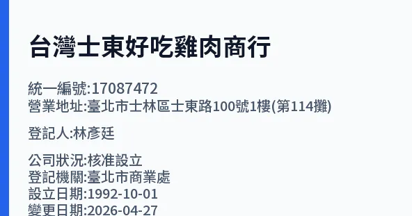 台灣士東好吃雞肉商行的照片-統編 17087472(臺北市) 公司登記資料與營業項目詳細圖表