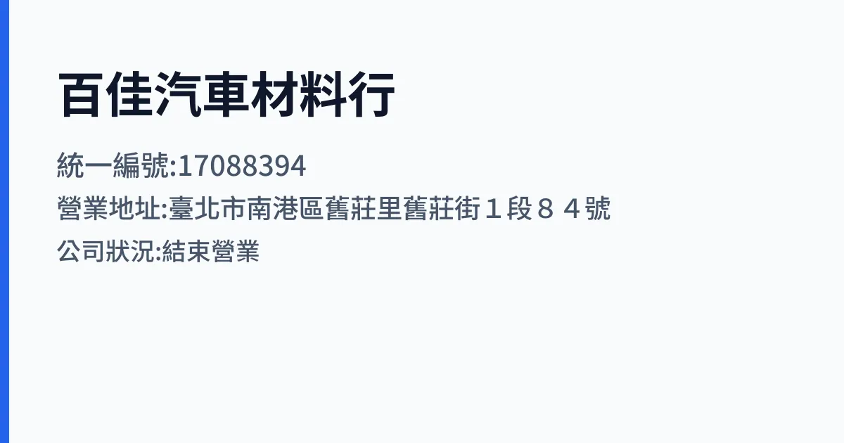 百佳汽車材料行 - 統編 17088394(臺北市) 公司登記資料與營業項目詳細圖表
