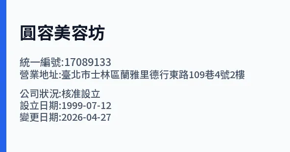 圓容美容坊的照片-統編 17089133(臺北市) 公司登記資料與營業項目詳細圖表