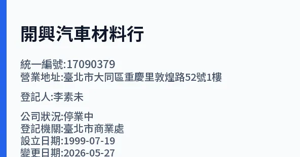 開興汽車材料行的照片-統編 17090379(臺北市) 公司登記資料與營業項目詳細圖表
