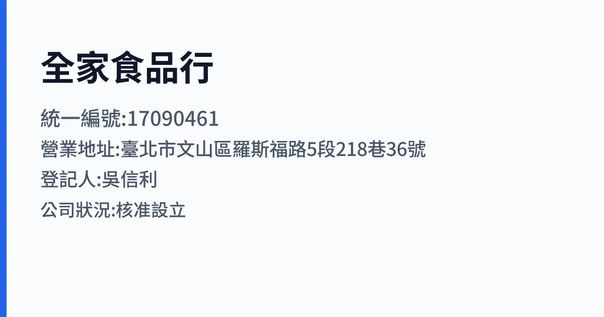 全家食品行 - 統編 17090461(臺北市) 公司登記資料與營業項目詳細圖表