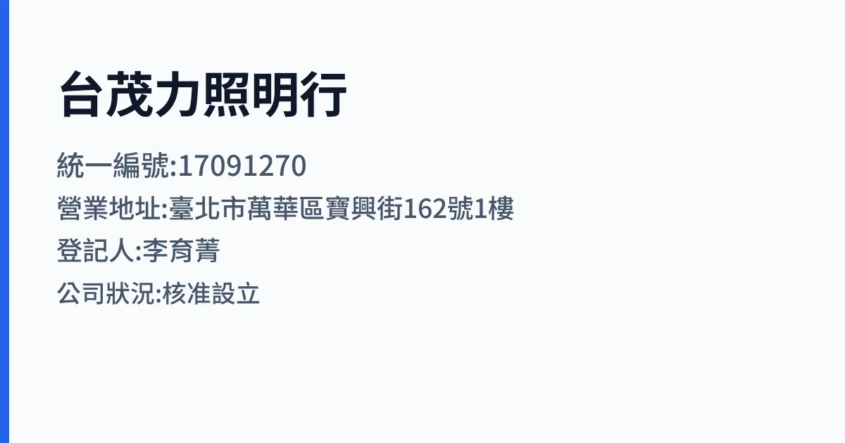 台茂力照明行 - 統編 17091270(臺北市) 公司登記資料與營業項目詳細圖表