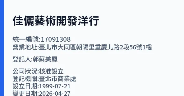 佳儷藝術開發洋行的照片-統編 17091308(臺北市) 公司登記資料與營業項目詳細圖表