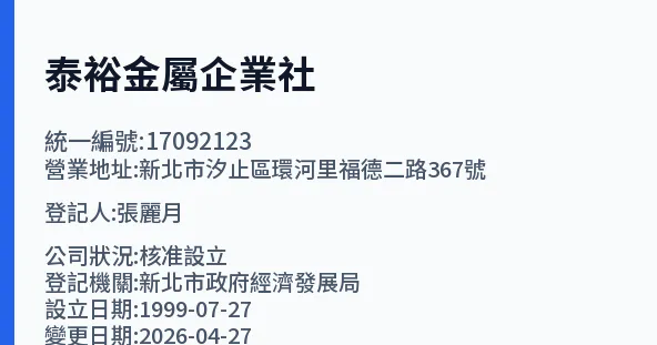 泰裕金屬企業社的照片-統編 17092123(新北市) 公司登記資料與營業項目詳細圖表