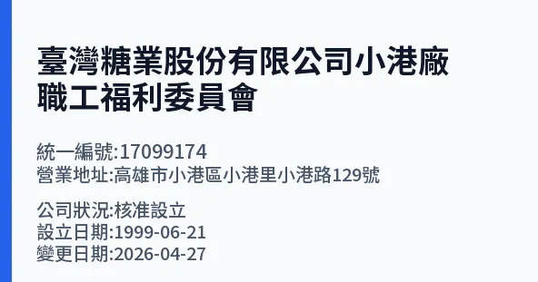 臺灣糖業股份有限公司小港廠職工福利委員會的照片-統編 17099174(高雄市) 公司登記資料與營業項目詳細圖表