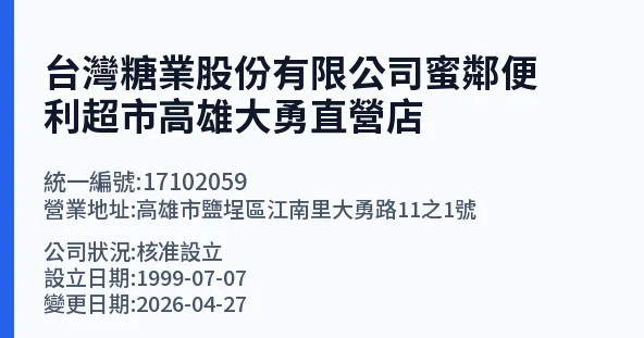 台灣糖業股份有限公司蜜鄰便利超市高雄大勇直營店的照片-統編 17102059(高雄市) 公司登記資料與營業項目詳細圖表