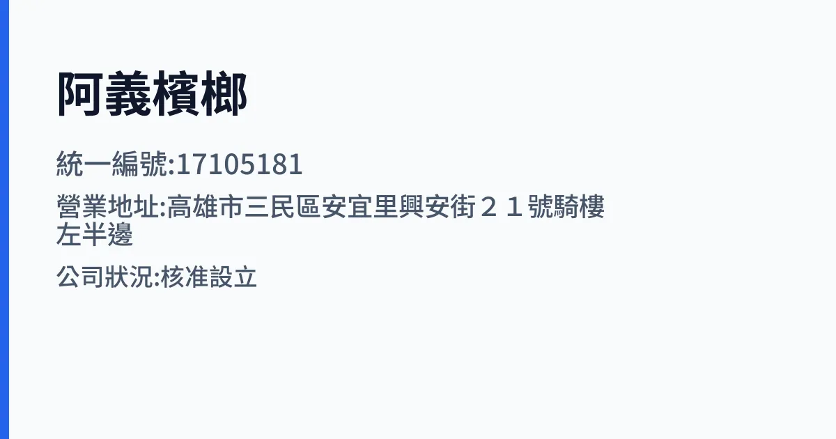 阿義檳榔 - 統編 17105181(高雄市) 公司登記資料與營業項目詳細圖表