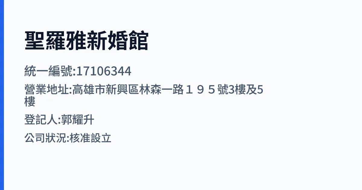 聖羅雅新婚館 - 統編 17106344(高雄市) 公司登記資料與營業項目詳細圖表