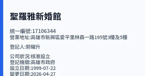 聖羅雅新婚館的照片-統編 17106344(高雄市) 公司登記資料與營業項目詳細圖表